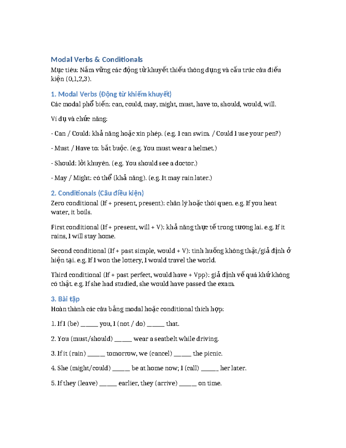 Modals & Conditionals: Understanding Usage & Structures - Studocu
