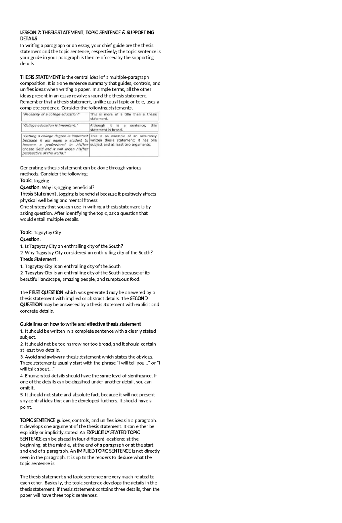 Lesson 7 - Thesis Statement & Topic Sentences Guidelines - Studocu