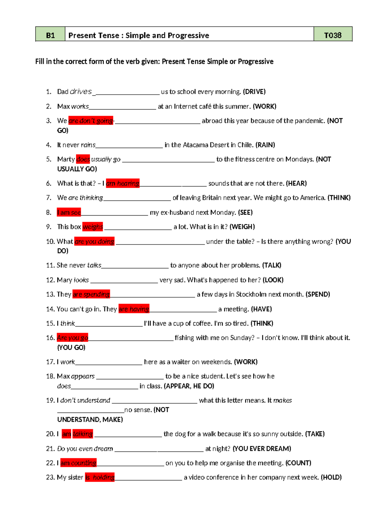 B1 Present Tense: Simple & Progressive Exercises T038 - Studocu