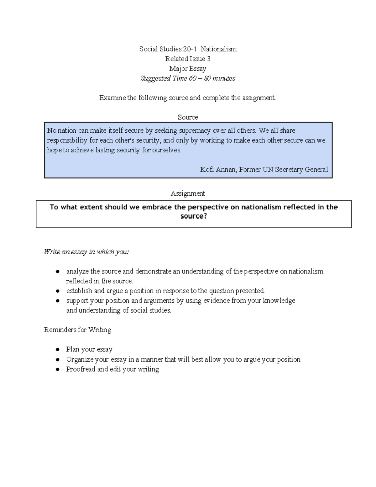 Social Studies 20-1 RI #3 Position Paper Assignment - No nation can ...