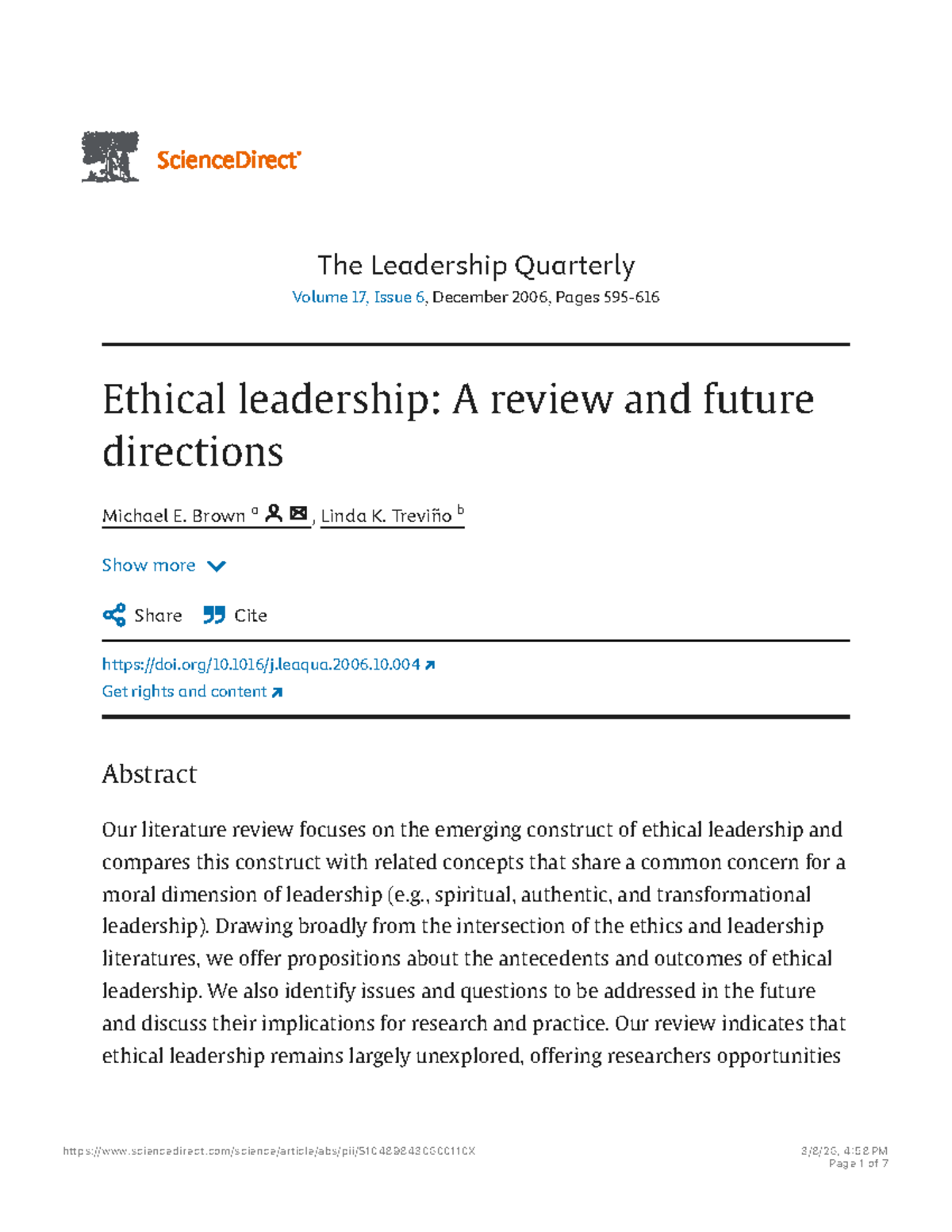 Ethical Leadership Review & Future Directions - The Leadership ...