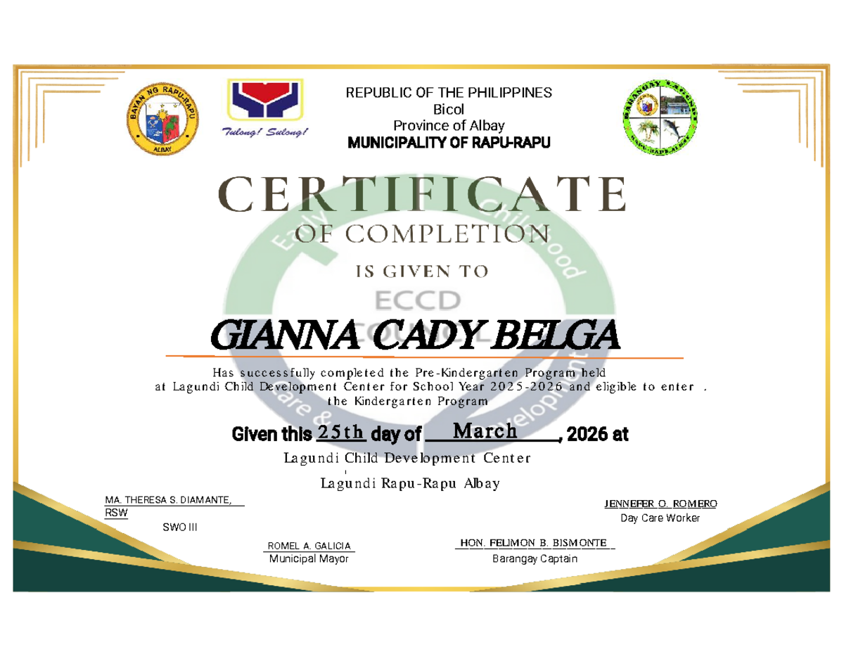 Certificate of Completion for Kindergarten Program - Lagundi CDC - Studocu