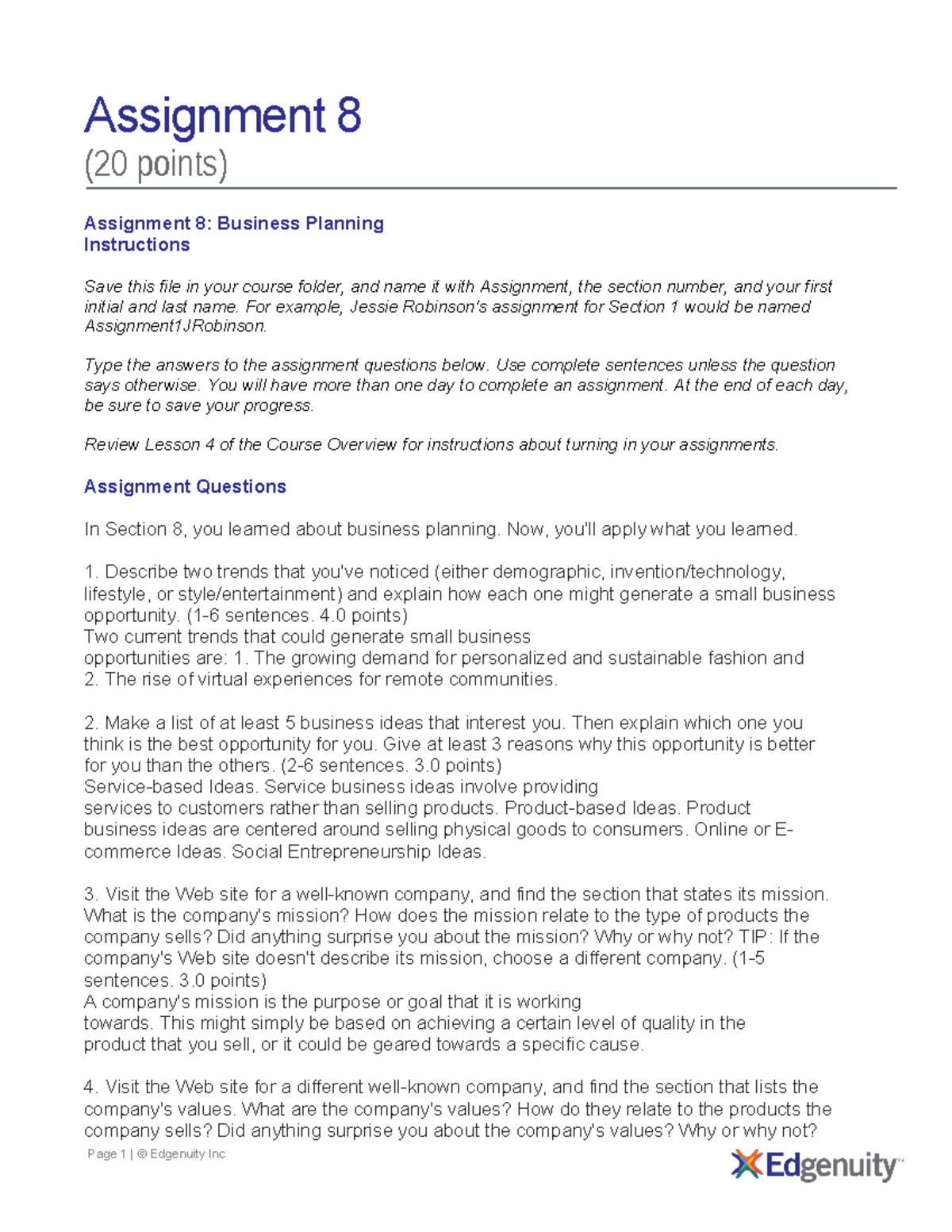 Assignment 8: Business Planning for EL5732 - Key Insights and Ideas - Studocu
