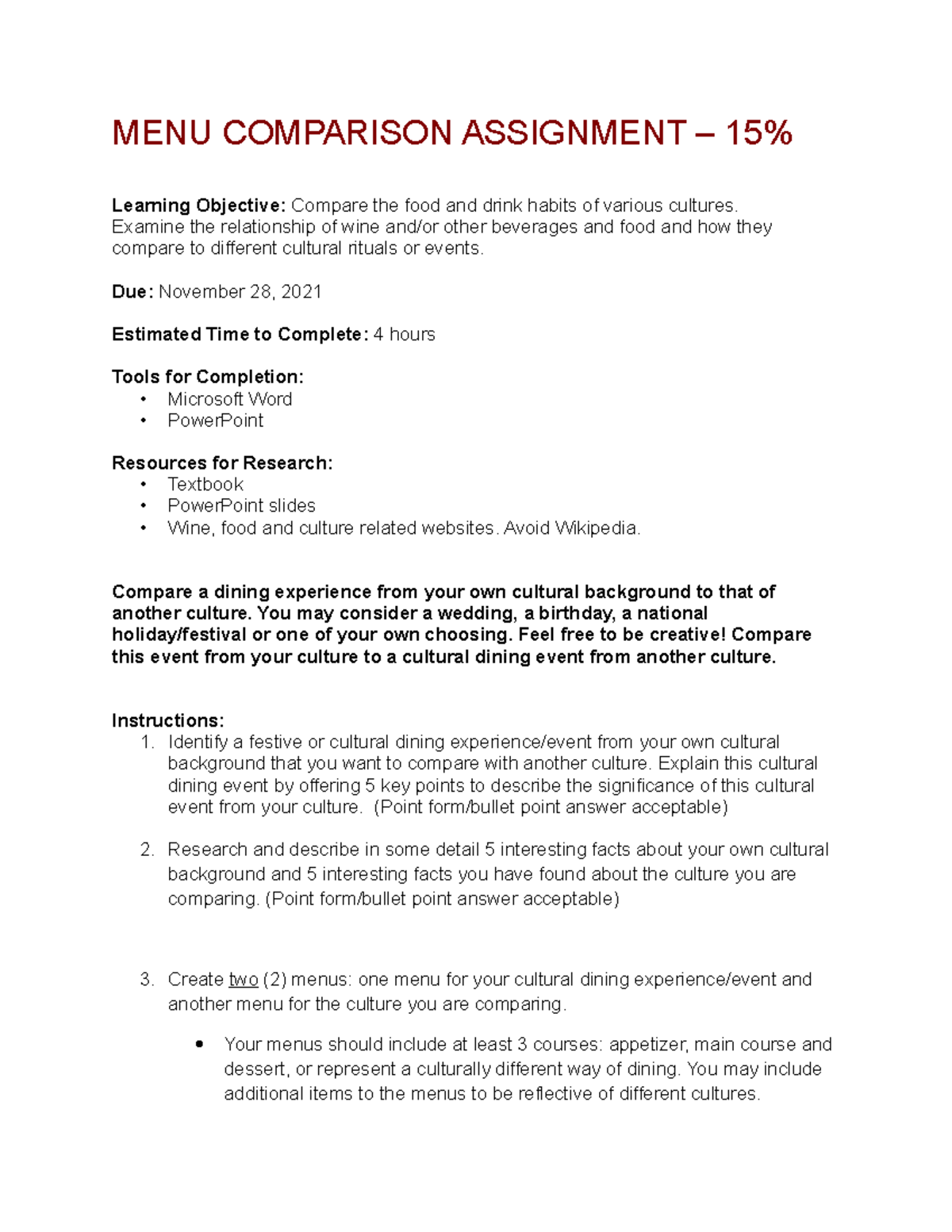 Menu Comparison Assignment F21 - MENU COMPARISON ASSIGNMENT – 15% ...