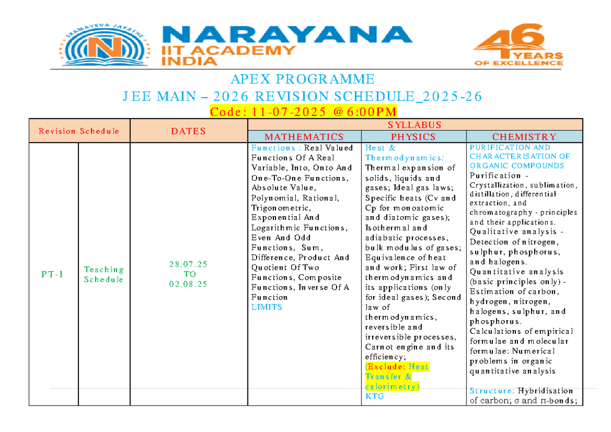 APEX JEE MAIN 2025-26 Revision Schedule & Syllabus Overview - Studocu