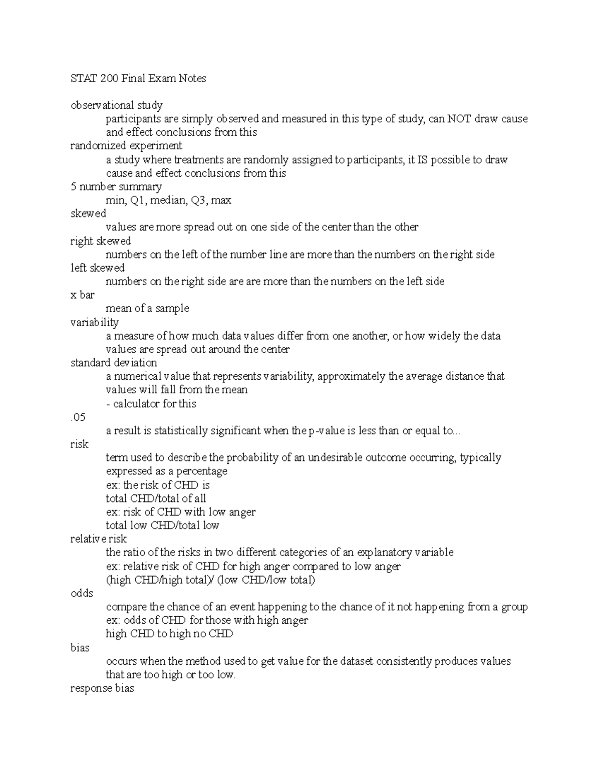 STAT 200 Final Exam Notes - STAT 200 Final Exam Notes observational ...