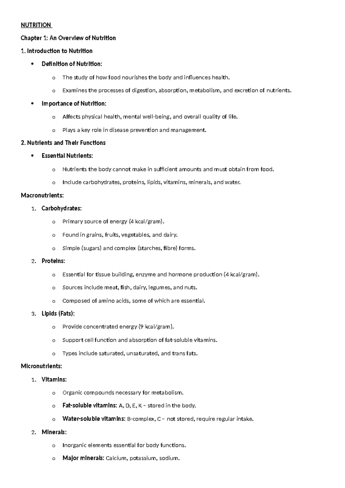 NUTRITION Chapter 1: Overview of Nutrients and Their Functions - Studocu