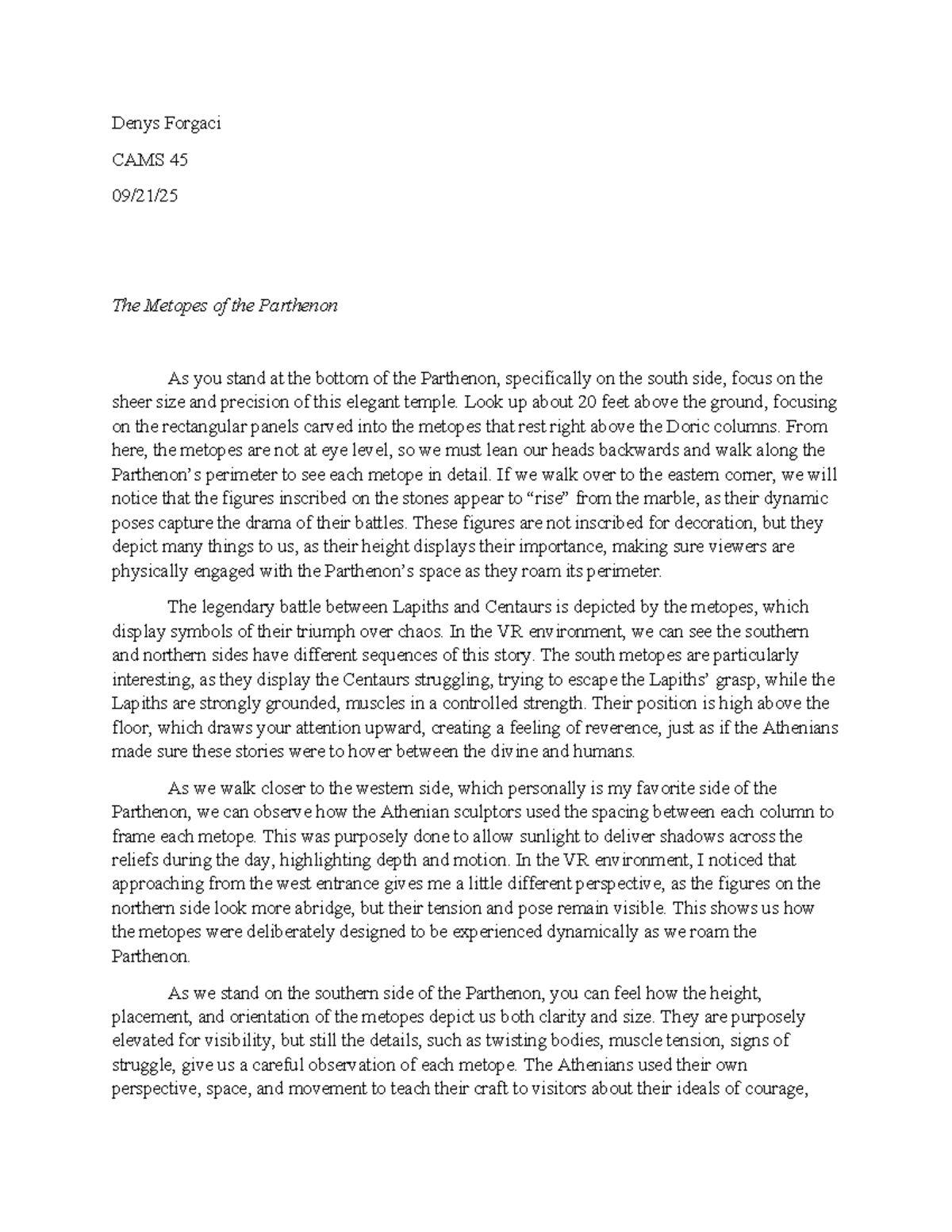 CAMS 45 Midterm Essay: The Metopes of the Parthenon - Studocu