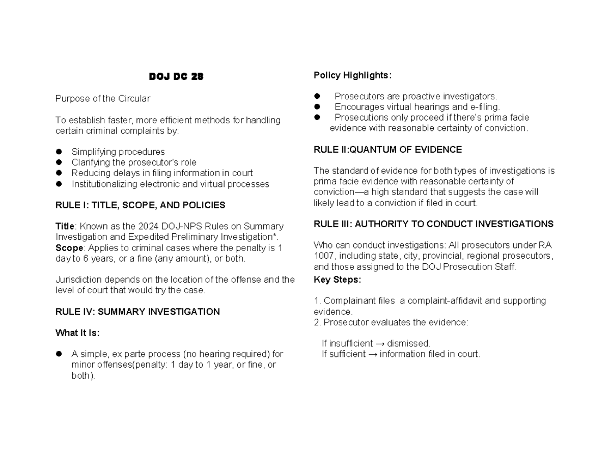 DOJ DC 28: 2024 Rules on Summary Investigation & Expedited Prelim - Studocu