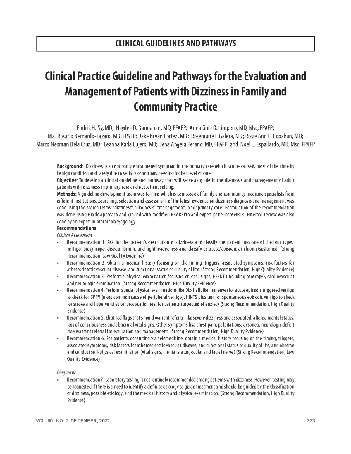 Clinical Practice Guidelines for Dizziness Management in Primary Care ...