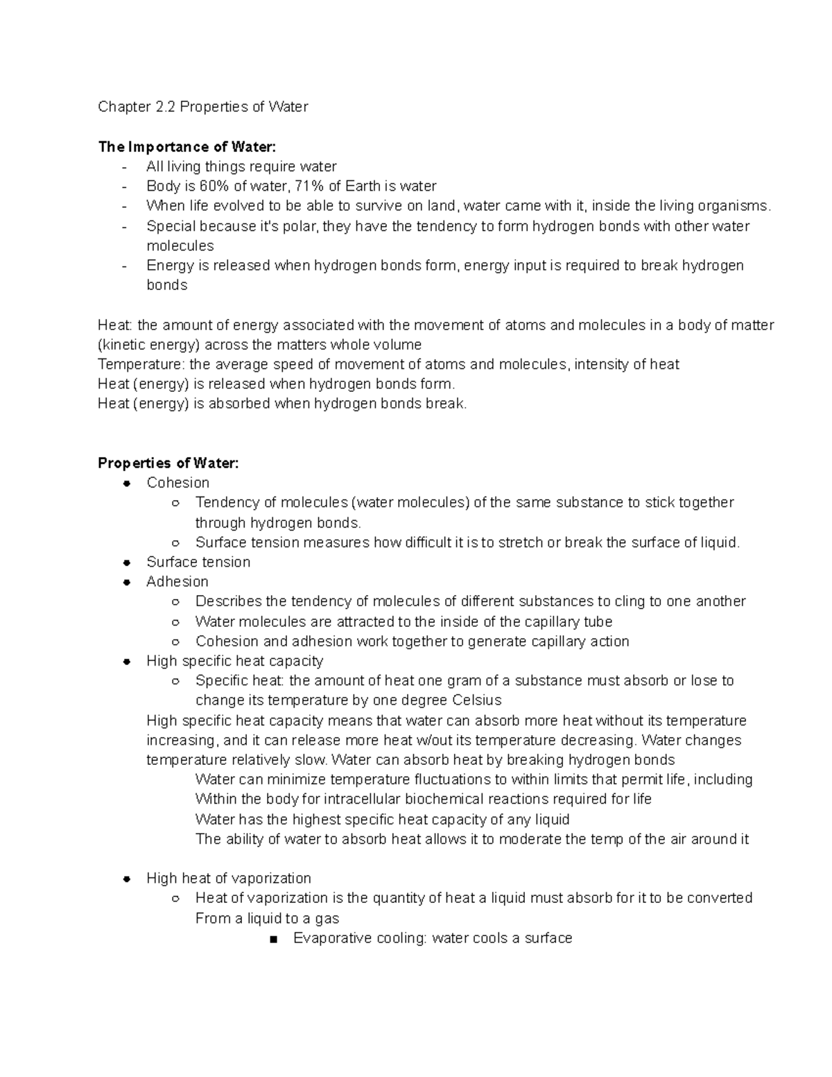 Biology 101: Chapter 2.2 - Properties of Water and Its Importance - Studocu
