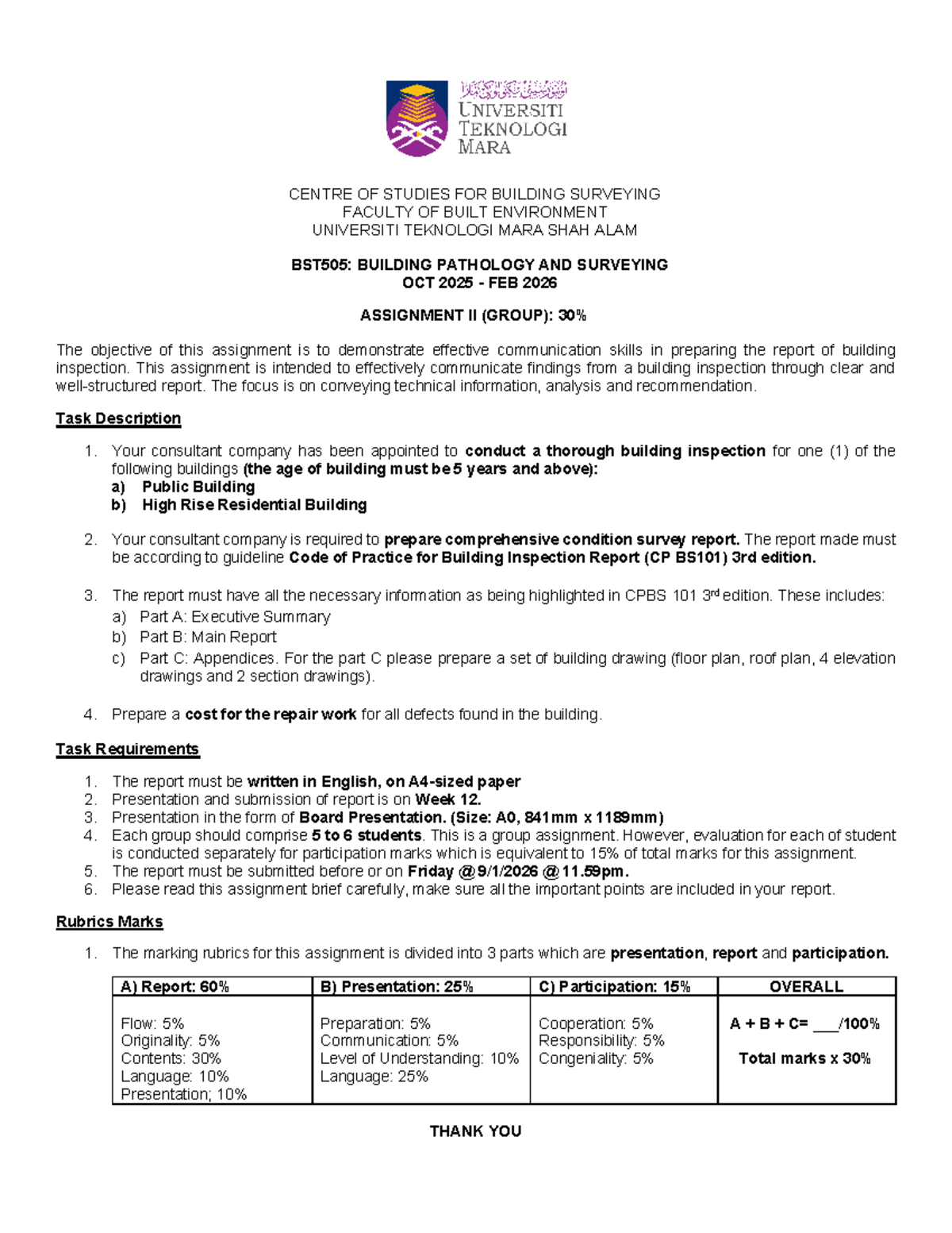 BST505: Building Pathology & Surveying Assignment II Brief (Oct 2025 ...