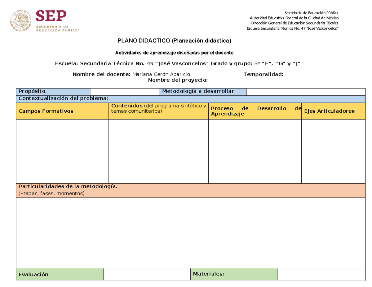 Formato Plano Didáctico 2023 - 2024 MEX - Secretaría de Educación Pública Autoridad Educativa ...