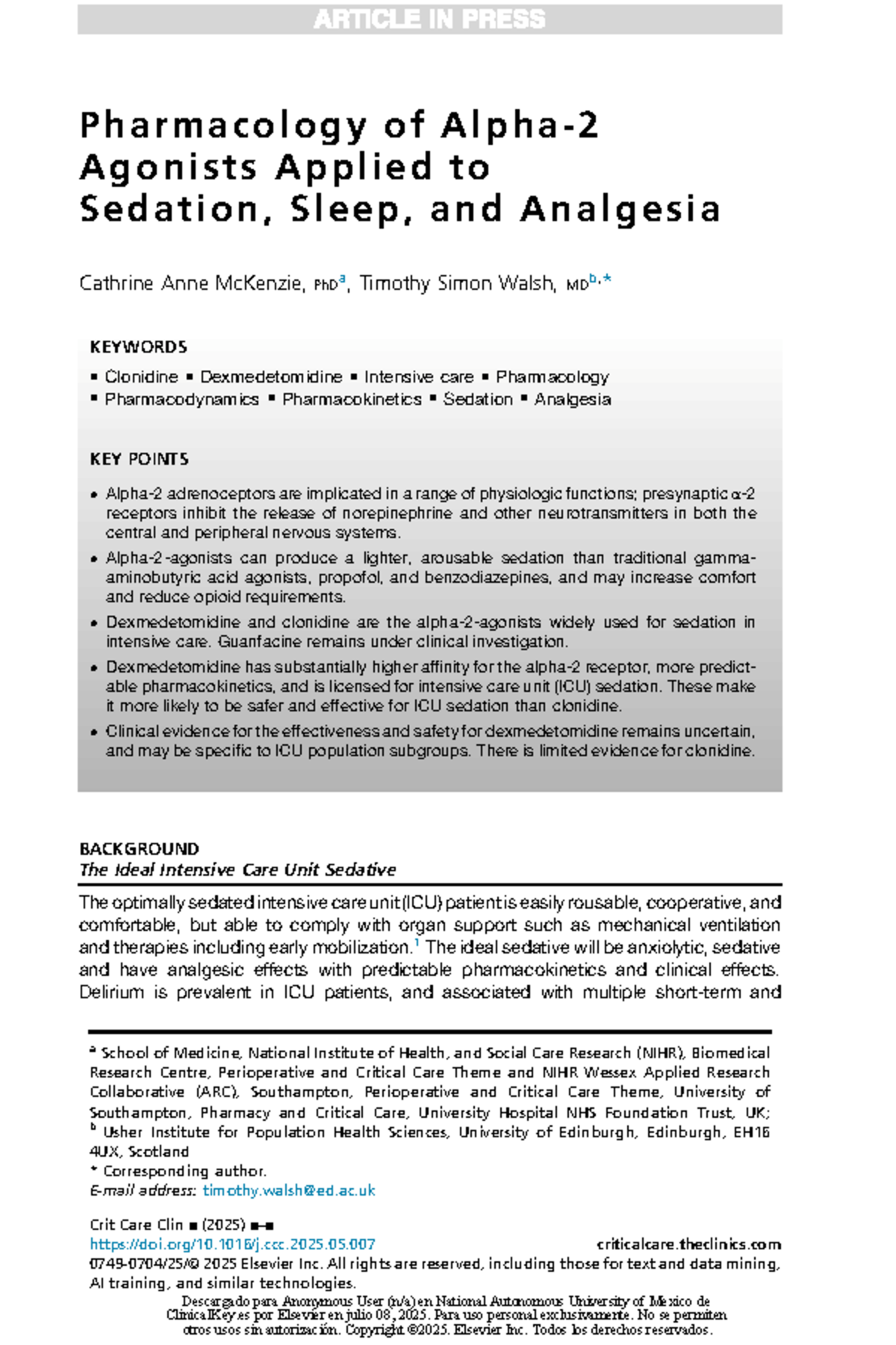 Pharmacology of Agonists in ICU Sedation: Clonidine & Dexmedetomidine ...
