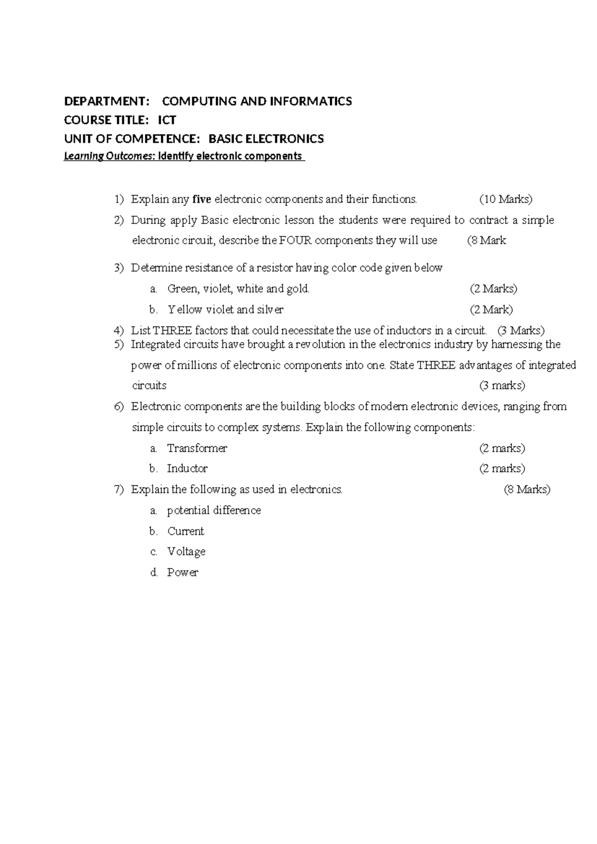ICT Basic Electronics: Identifying Components and Their Functions - Studocu