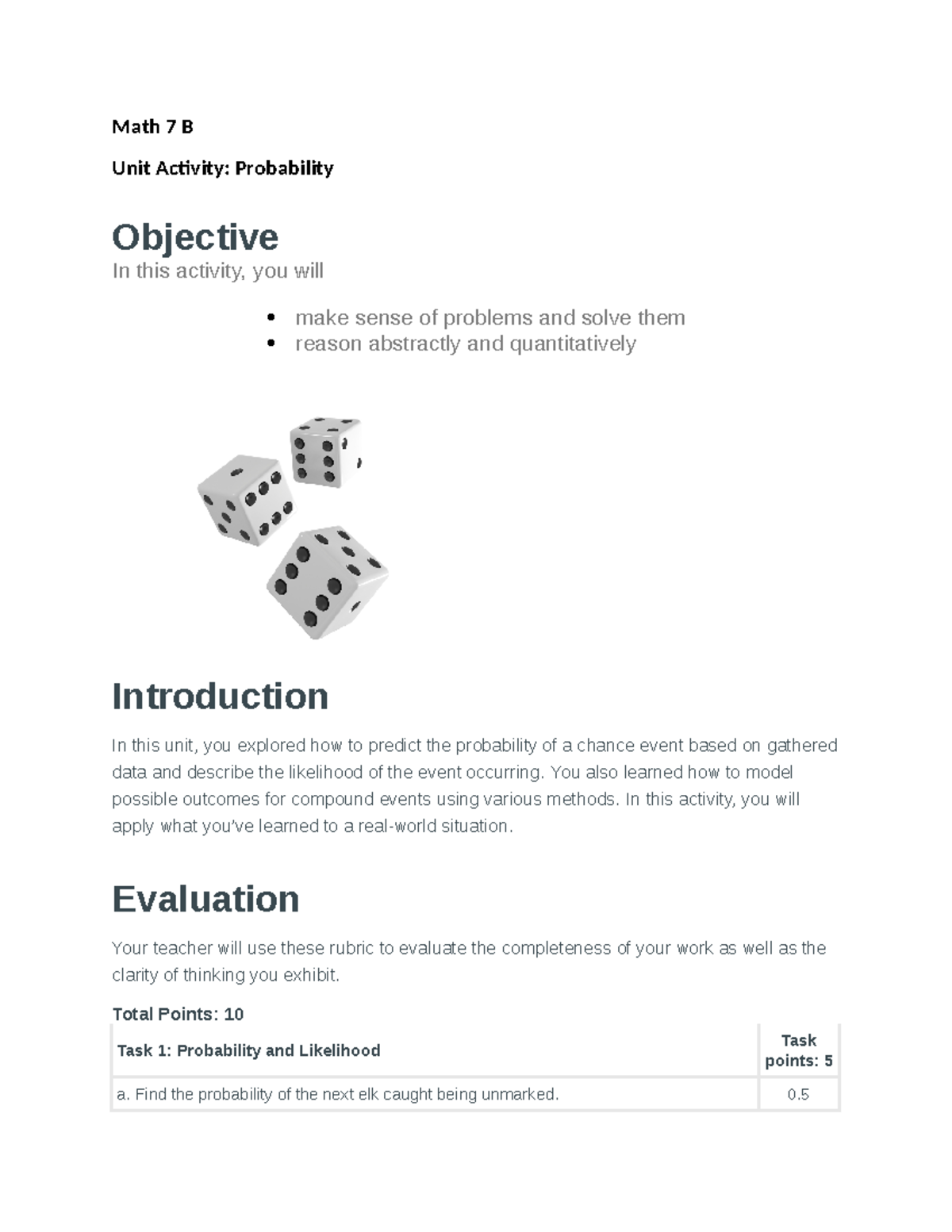 Math 7 B Probability Unit Activity & Evaluations Guide - Studocu