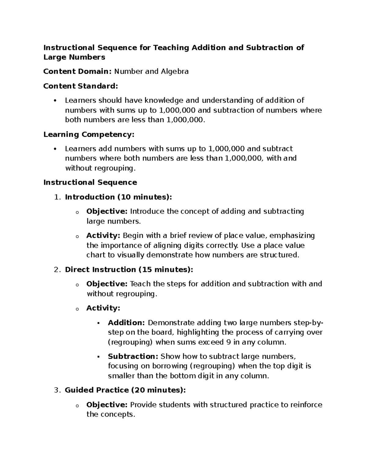 Teaching Addition & Subtraction of Large Numbers (1,000,000) - Studocu