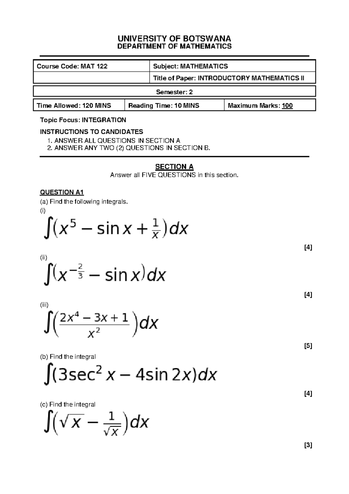 MAT 122 Final Exam: Integration Techniques and Applications - Studocu