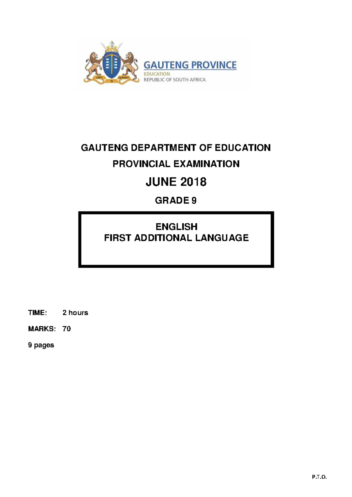 Grade 9 English (FAL) June 2018 Provincial Exam Question Paper - Studocu
