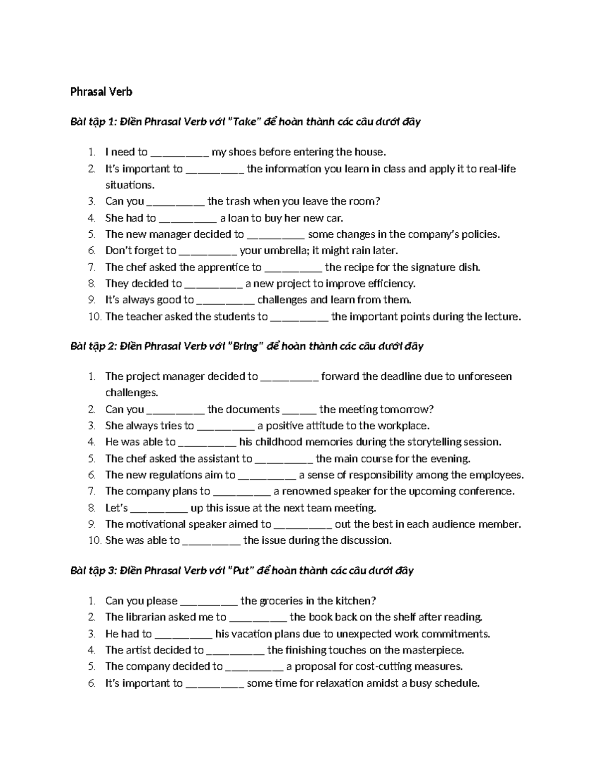 Phrasal Verb Exercises for English Learning - Course Code: ssxx - Studocu