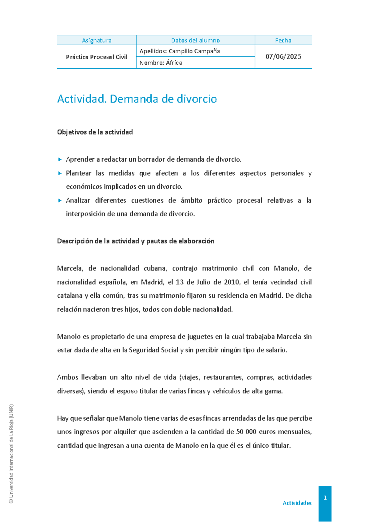 Actividad 2 - Demanda de Divorcio Contencioso (Práctica Procesal Civil ...