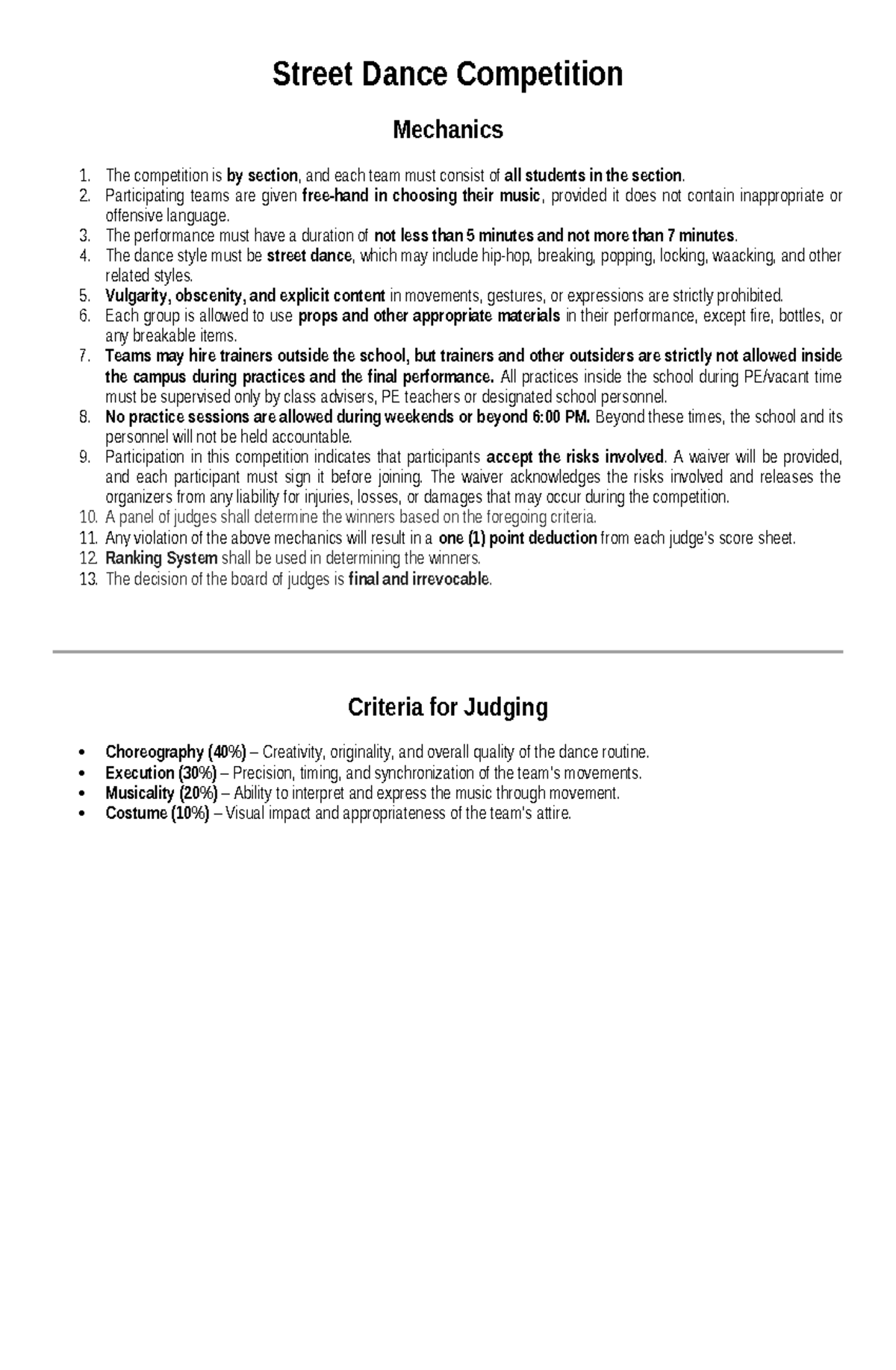 Street Dance Contest Mechanics PE 3 - Studocu