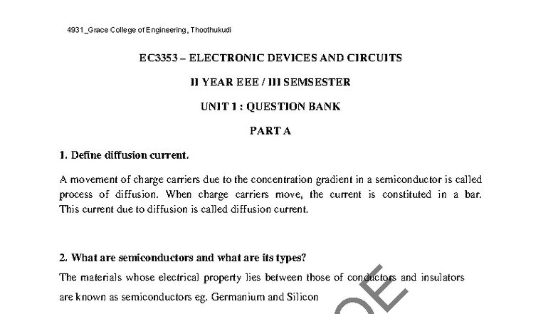 EC3353 EDC Unit 1: PN Junction Devices Question Bank - Studocu