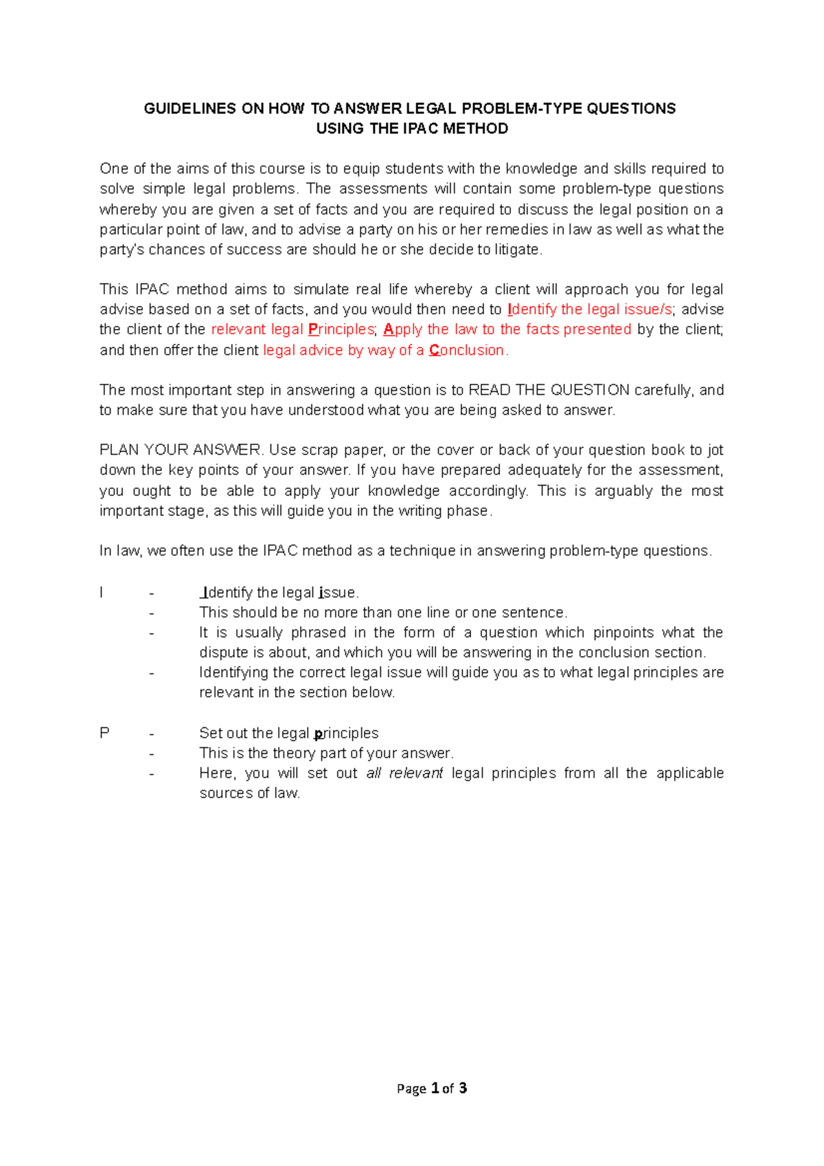 Guidelines for Answering Legal Problems: IPAC Method in Action - Studocu