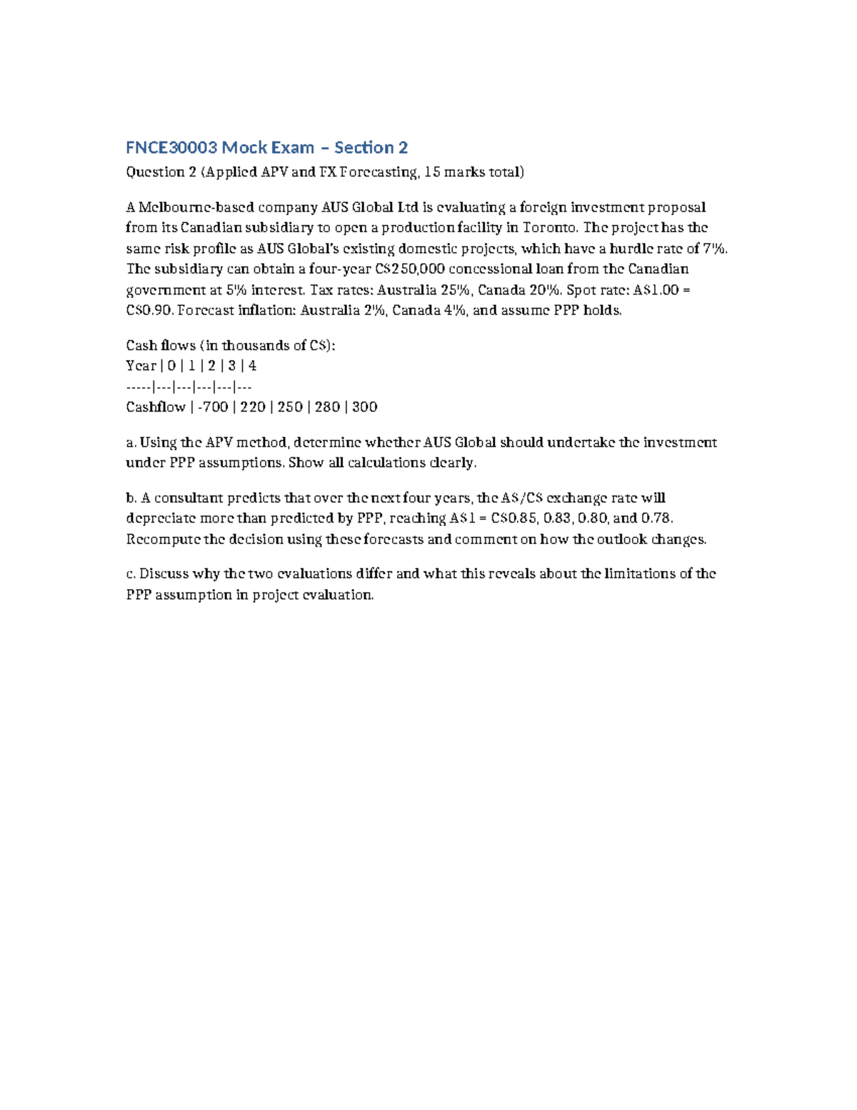 Mock Exam Section 2: APV & FX Forecasting Analysis (AUS Global Ltd ...