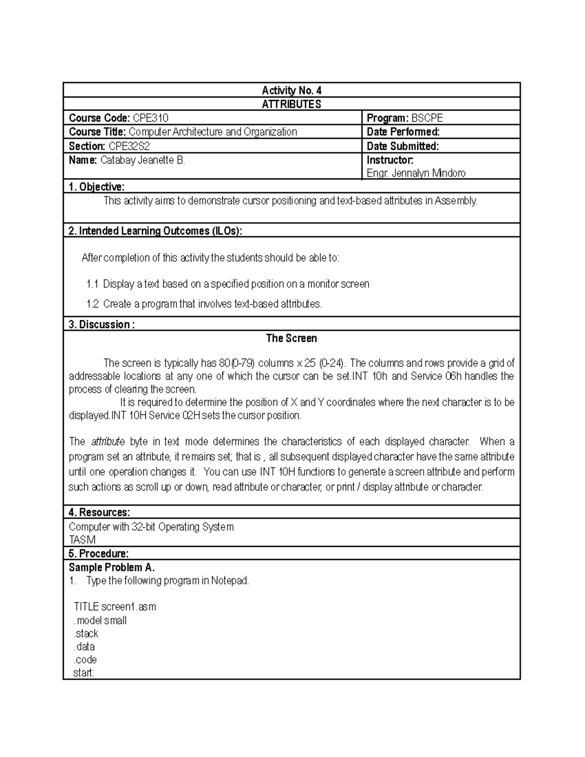 CPE310 Activity No. 4: Attributes in Assembly Programming - Studocu