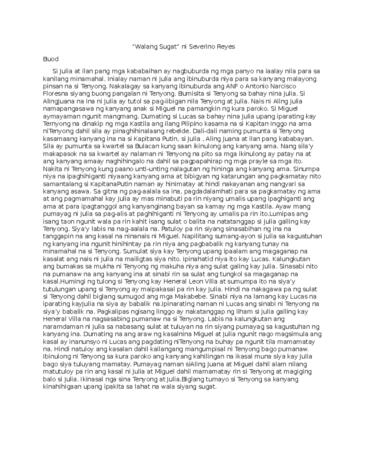 Walang Sugat - notes - “Walang Sugat” ni Severino Reyes Buod Si Julia ...