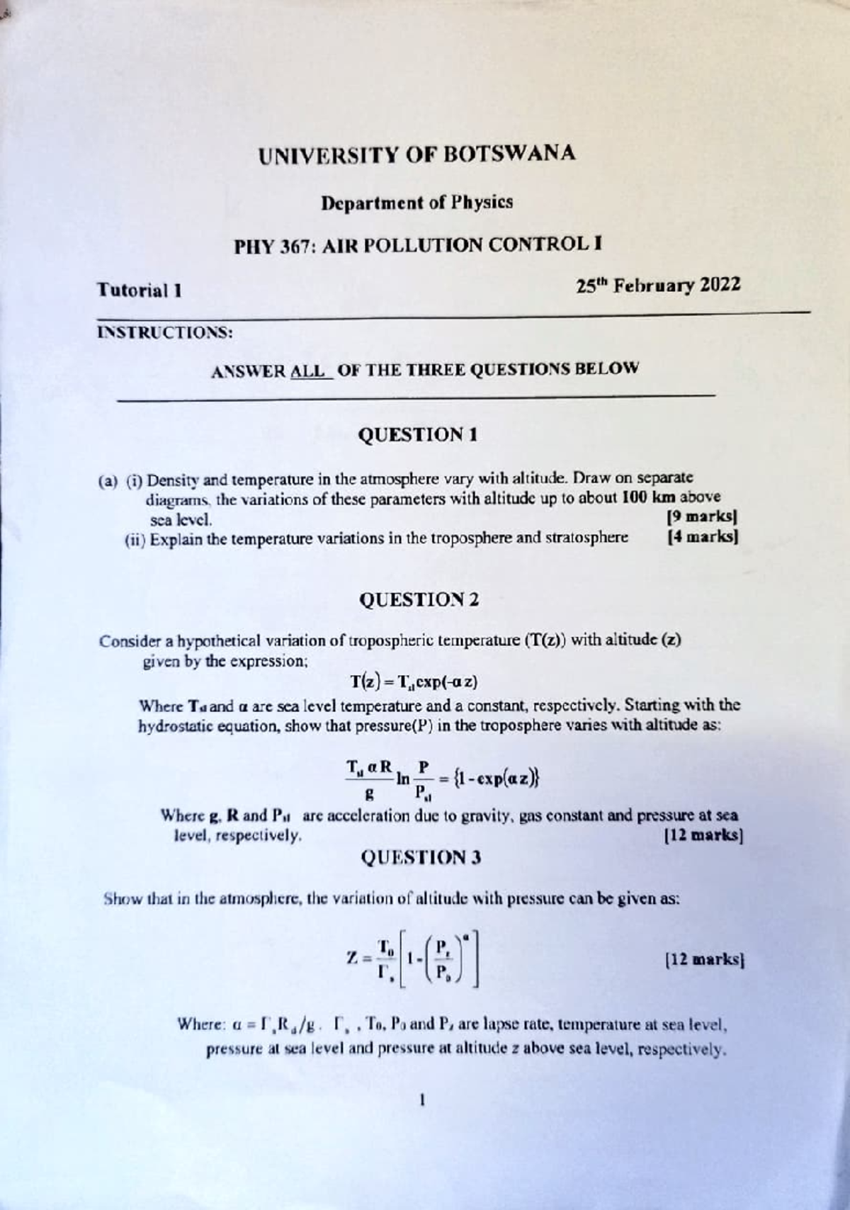 PHY 367: Air Pollution Control - Test and Tutorial Notes - Studocu