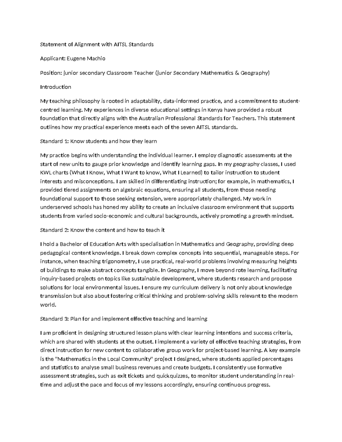 AITSL Standards Alignment Statement for Junior Secondary Teacher ...