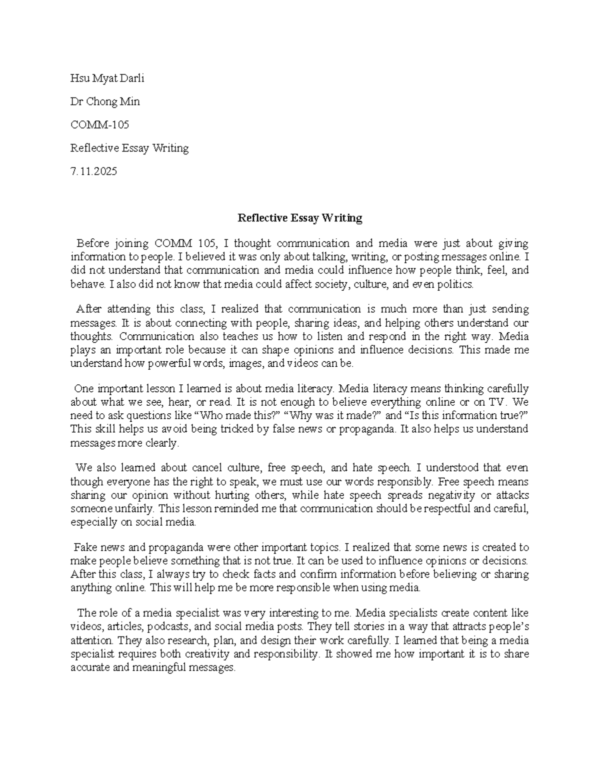 COMM 105 Reflective Essay on Media & Communication Insights - Studocu