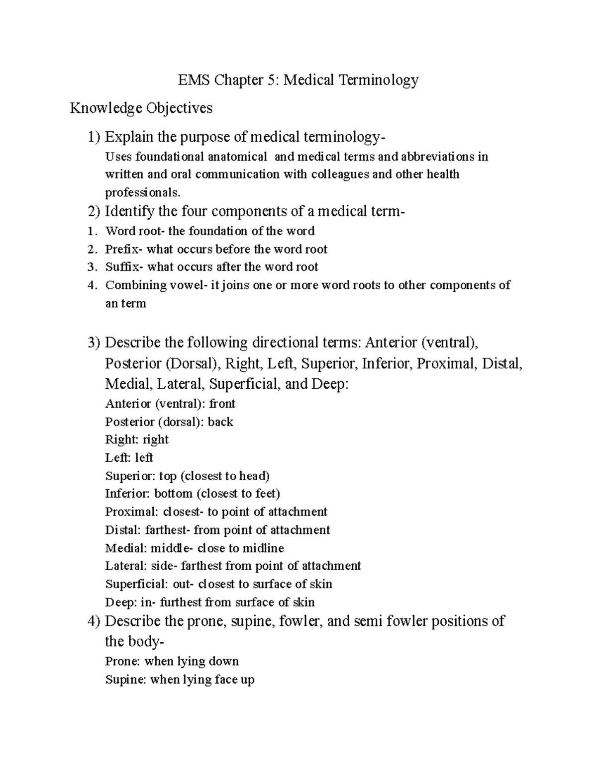 EMS CH 5: Medical Terminology & Directional Terms Overview - Studocu