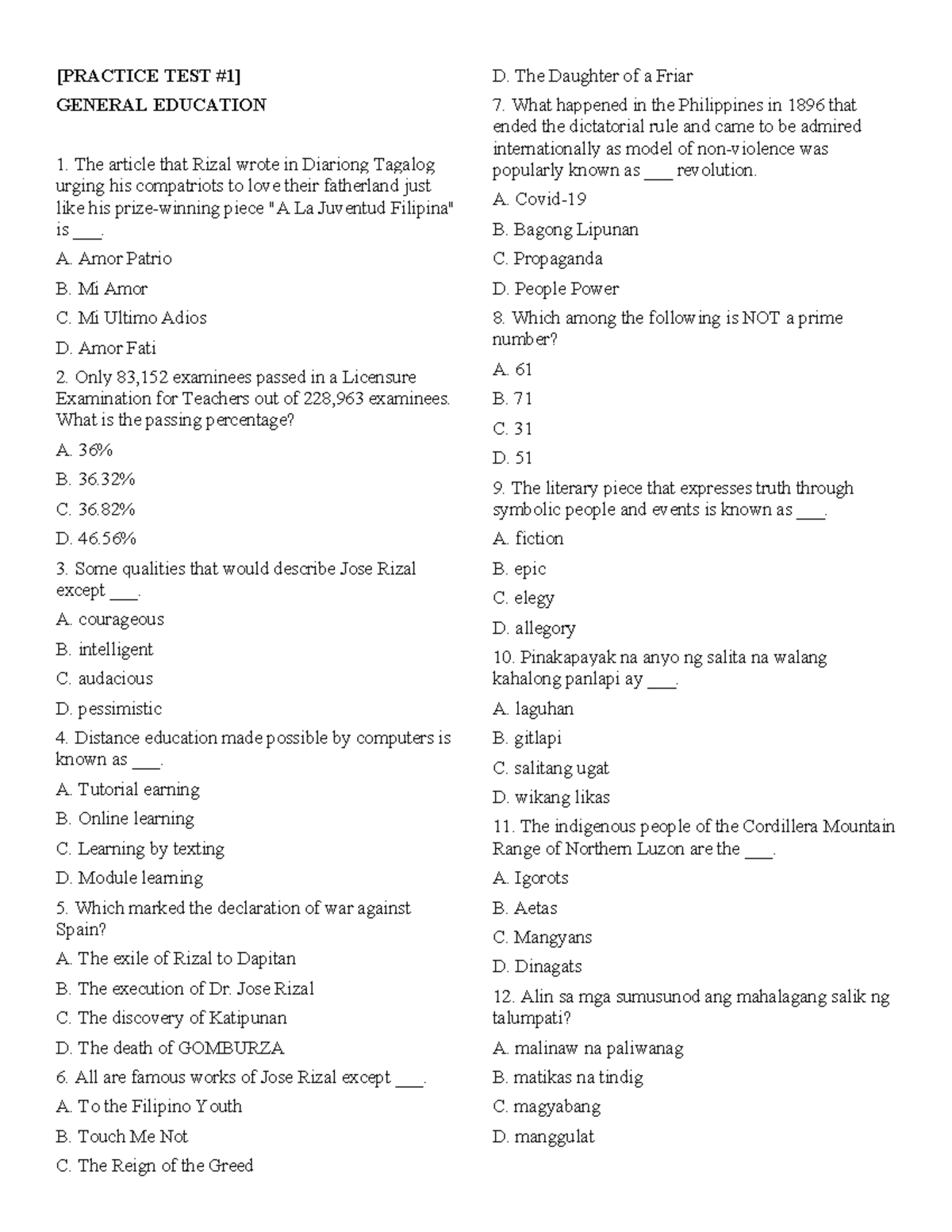 Practice TEST #1 - General Education Questions and Answers - Studocu