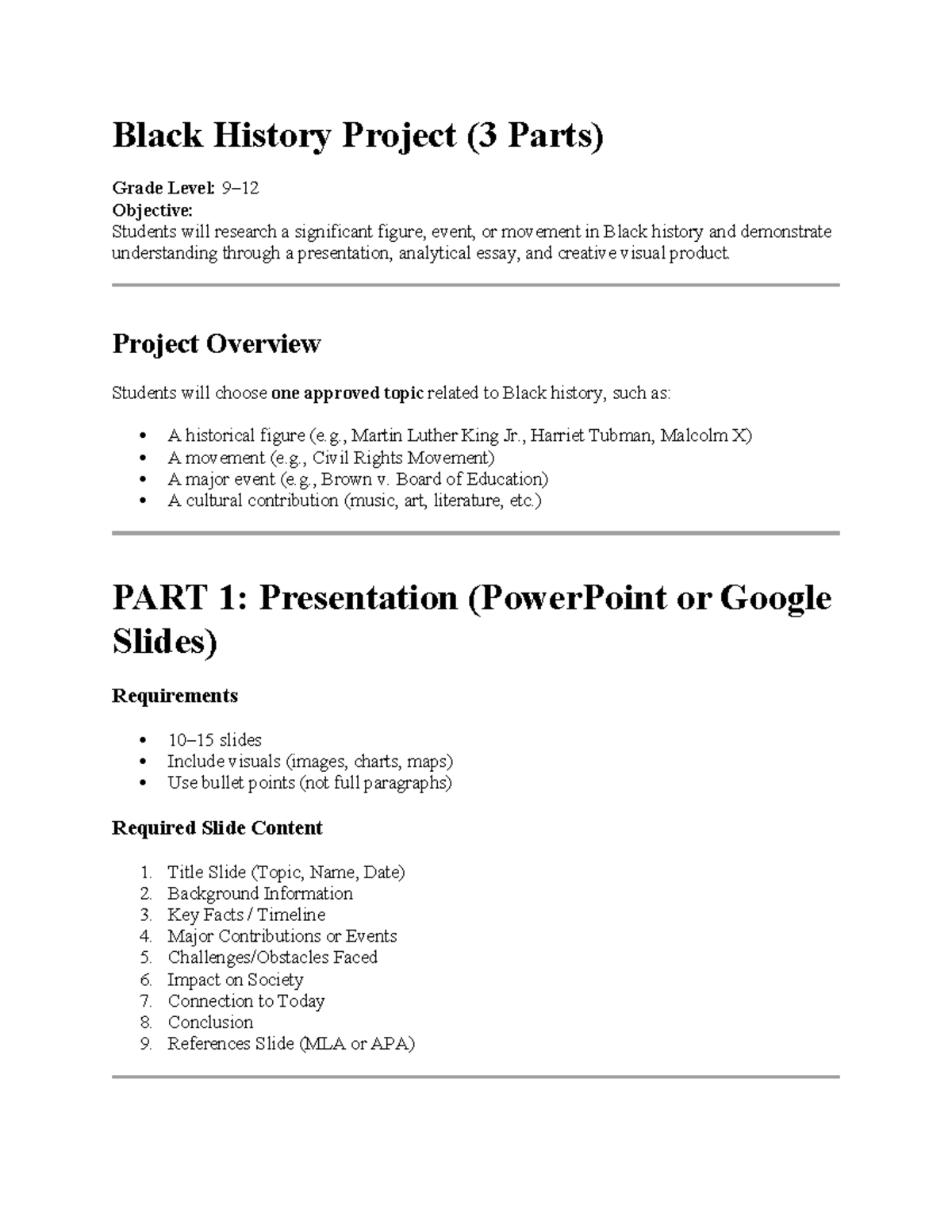 Black History Major Project (3 Parts) Overview and Guidelines - Studocu