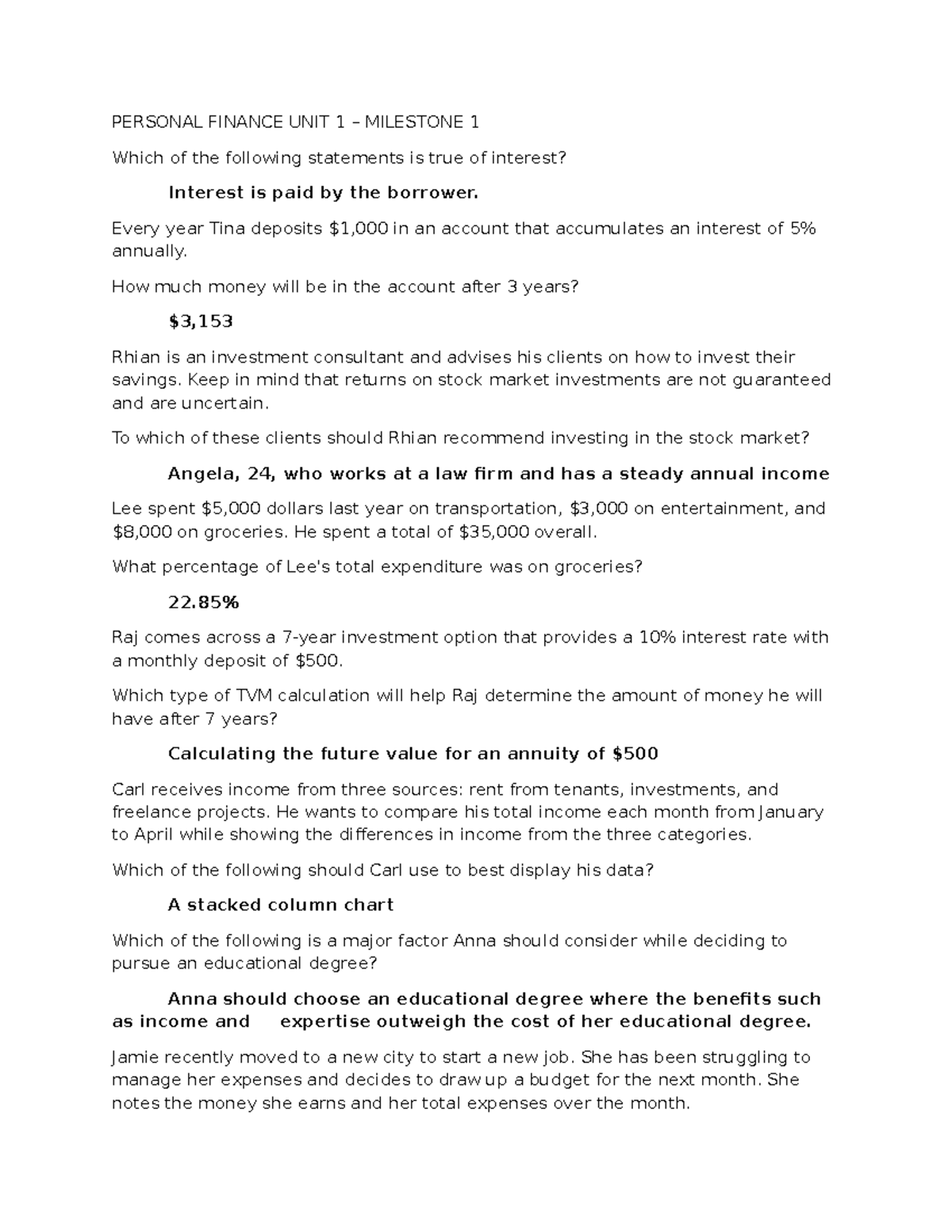 Personal Finance UNIT 1 Milestone 1: Interest and Budgeting Insights ...