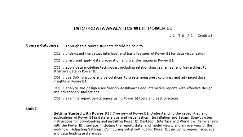 INT374: Data Analytics with Power BI - Course Syllabus Overview - Studocu