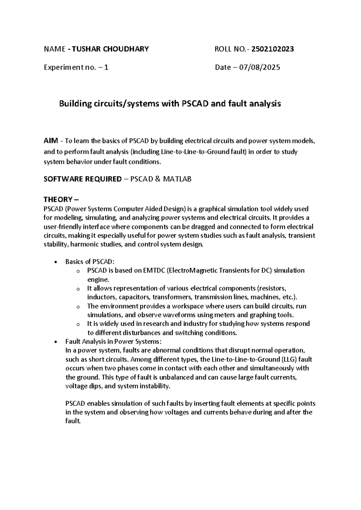 LAB 1: Building Circuits & Fault Analysis with PSCAD (2502102023) - Studocu