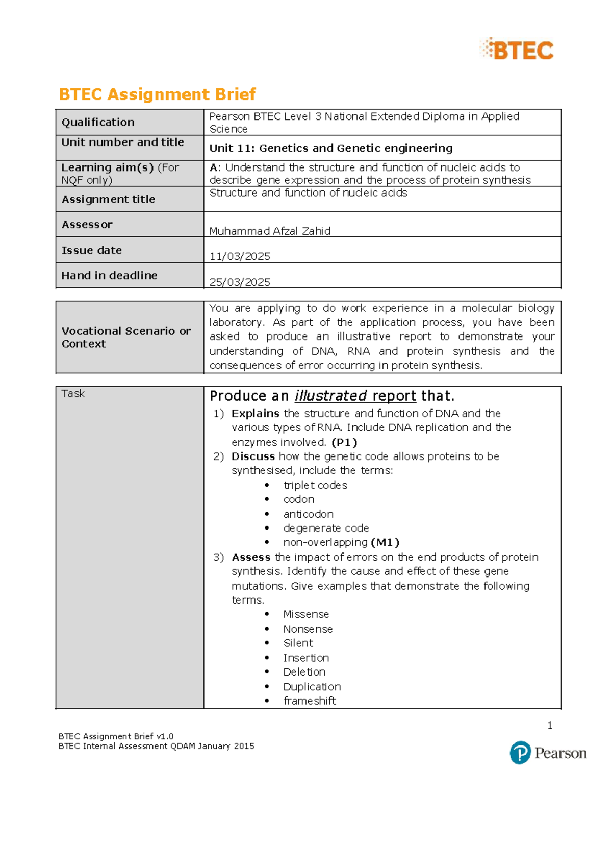 BTEC Level 3 Assignment Brief: Unit 11 - DNA & RNA Structure - Studocu