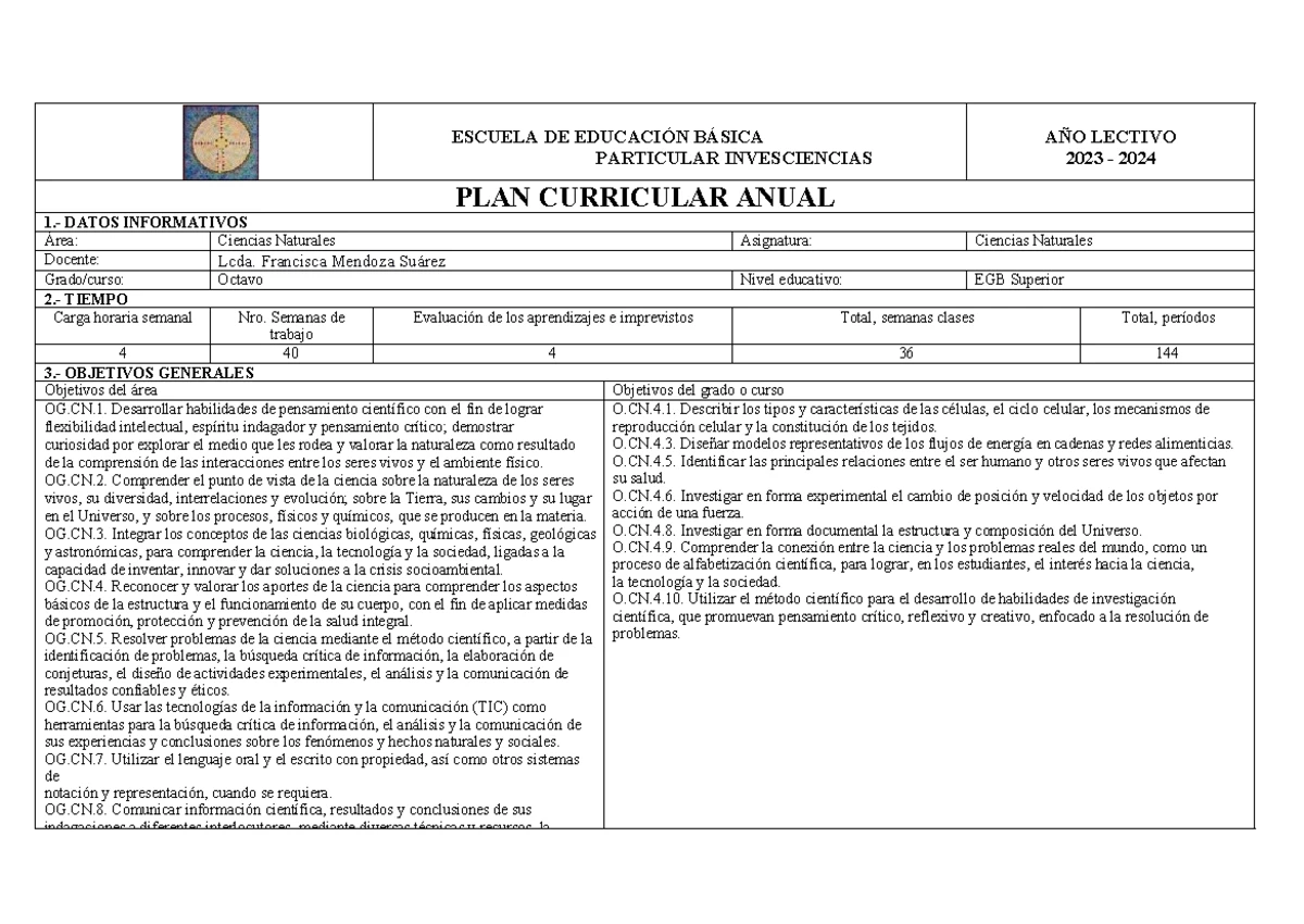 PCA CCNN 10 - PLANIFICACIÓN - ESCUELA DE EDUCACIÓN BÁSICA PARTICULAR INVESCIENCIAS AÑO LECTIVO ...