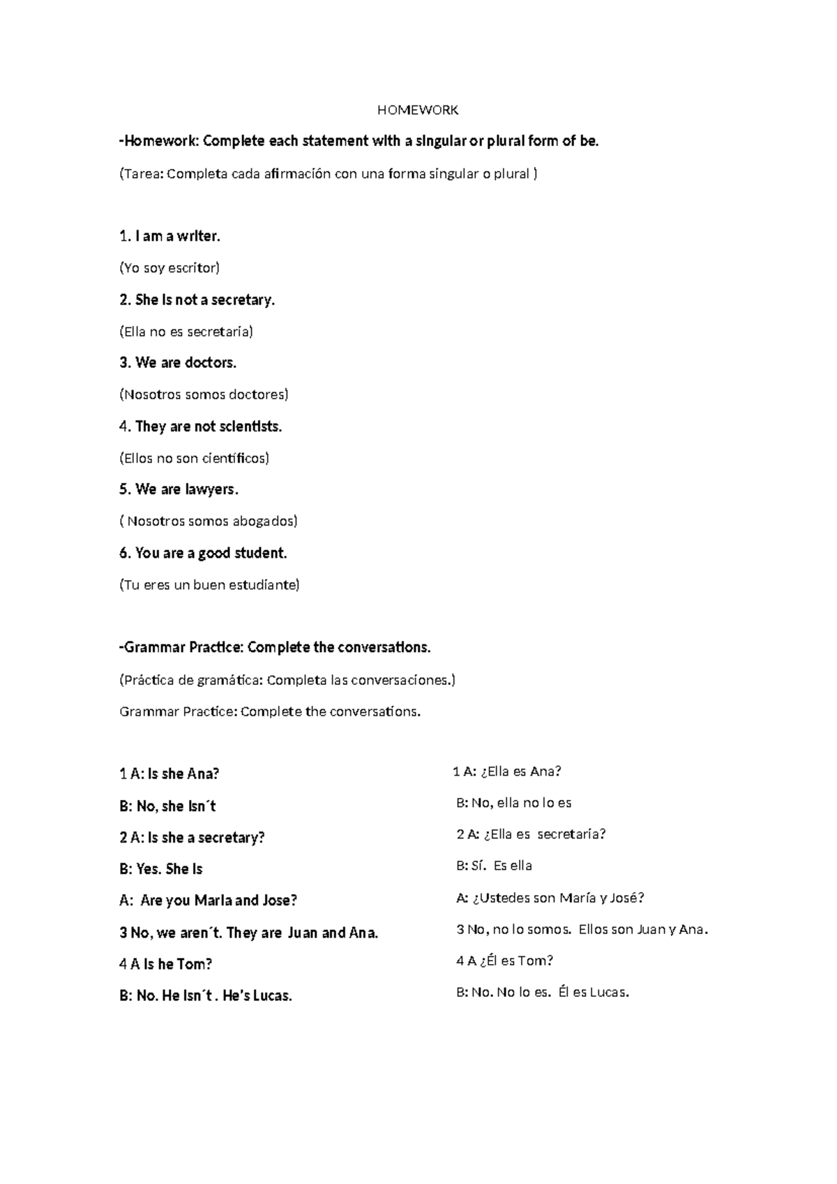 Homework - Singular & Plural Forms of 'Be' Practice - dsf - Studocu