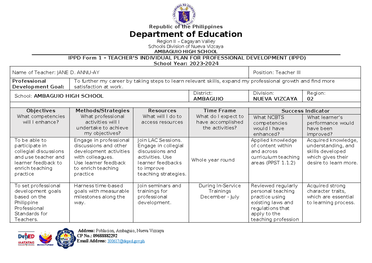 IPPD Form 1: Individual Plan for Professional Development SY 2023-24 ...