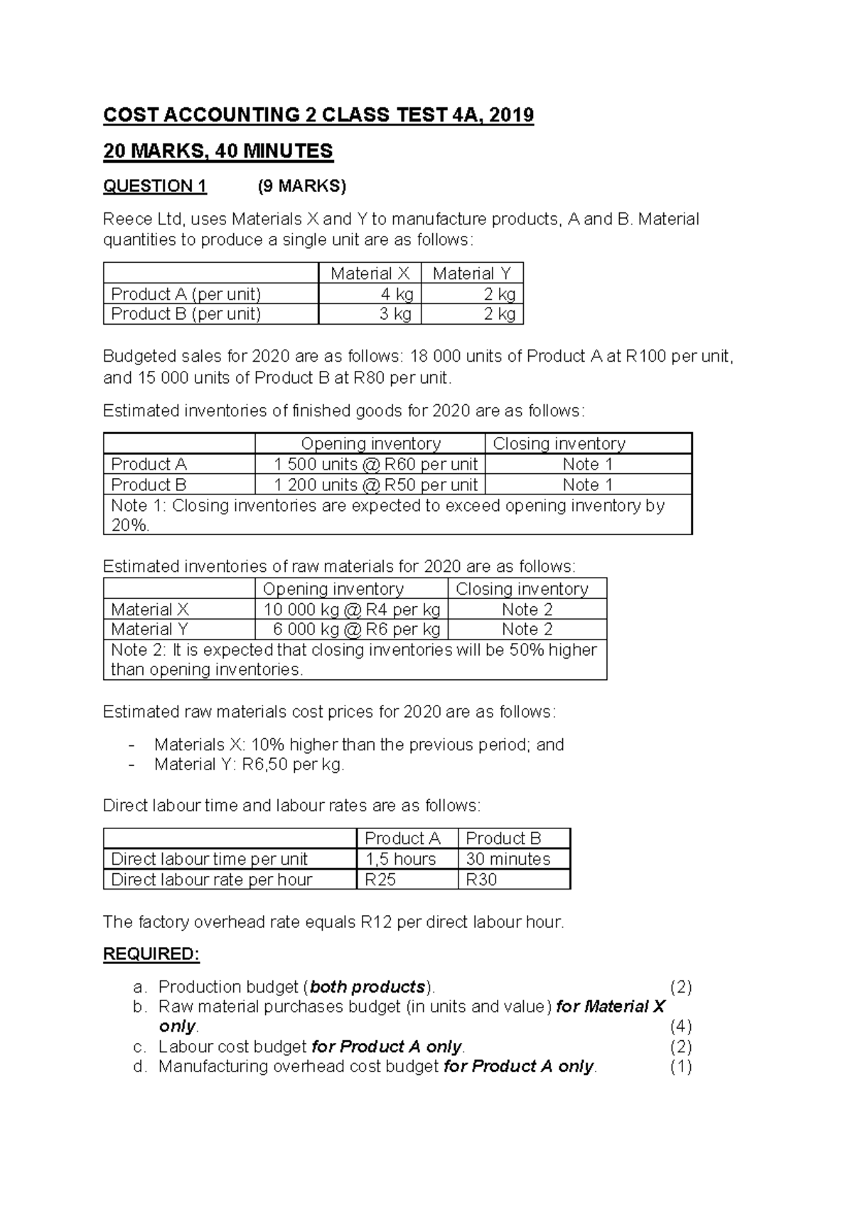 COST ACCOUNTING 2 CLASS TEST 4A: Budgets & Cash Flow Analysis - Studocu