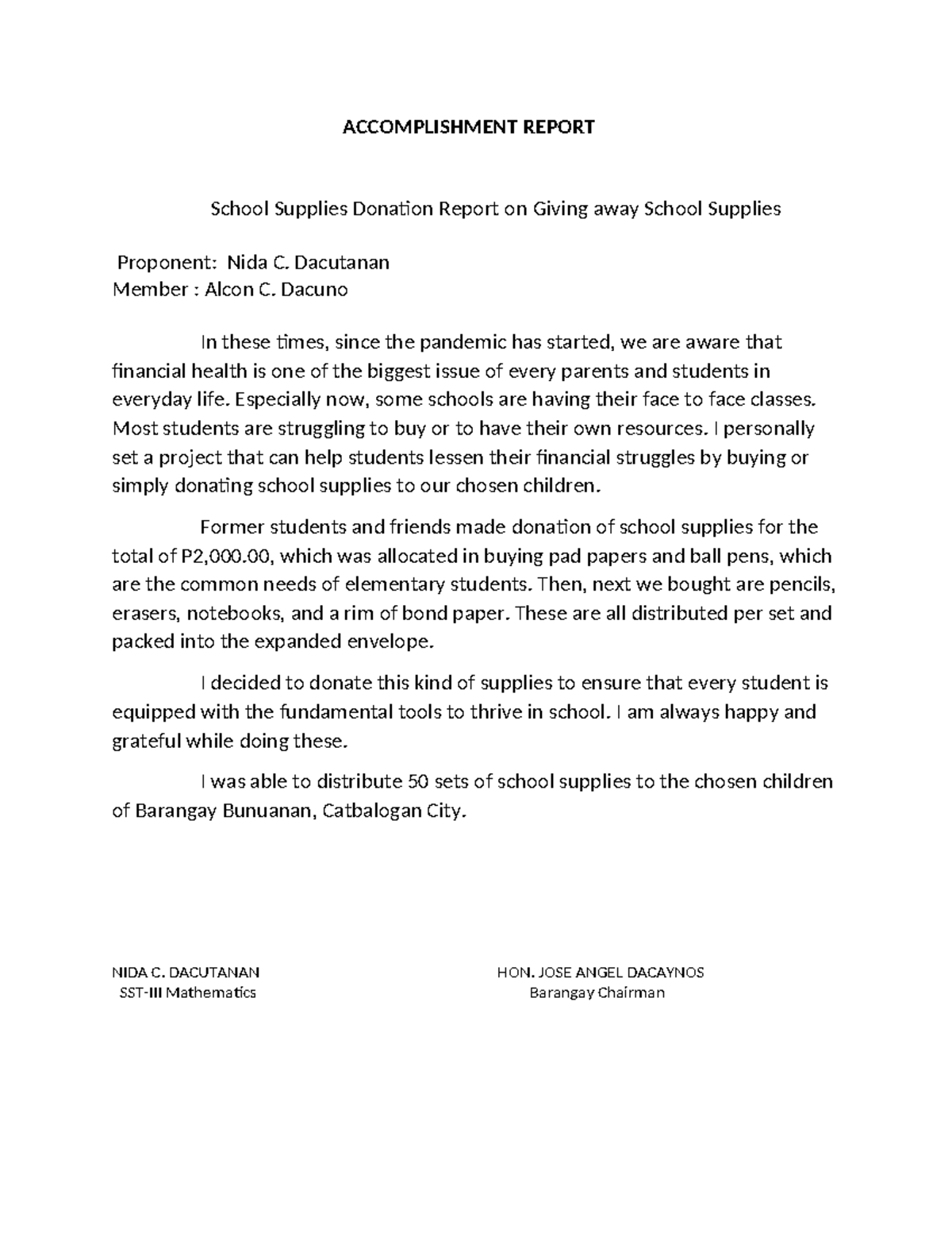 ACCOMPLISHMENT REPORT: School Supplies Donation Initiative - Studocu