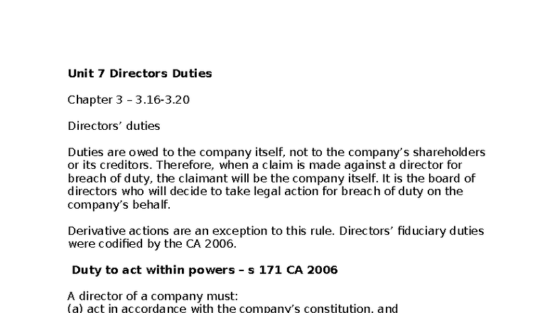 Unit 7 Directors' Duties: Legal Obligations and Responsibilities - Studocu