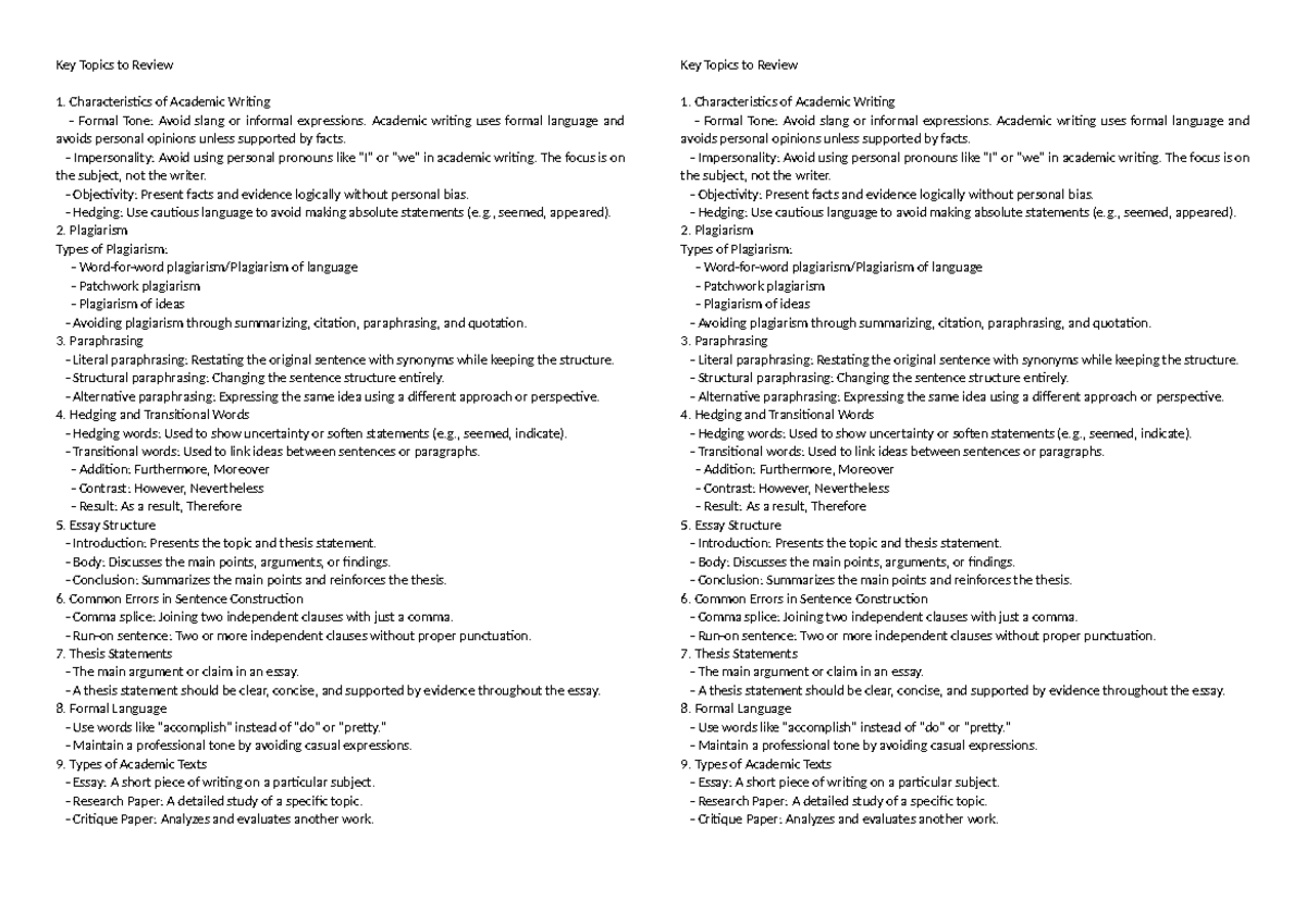 Academic Writing Review Topics - 2018-2019 Study Guide - Studocu