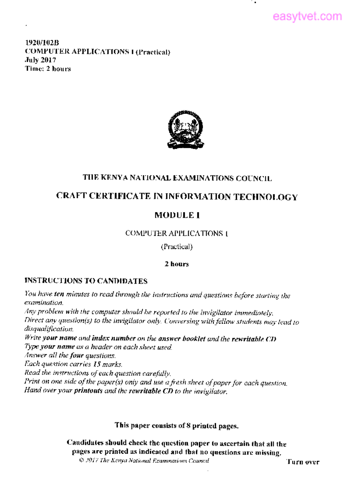 KNEC COMPUTER APPLICATIONS I (Practical) July 2017 Revision Paper - Studocu