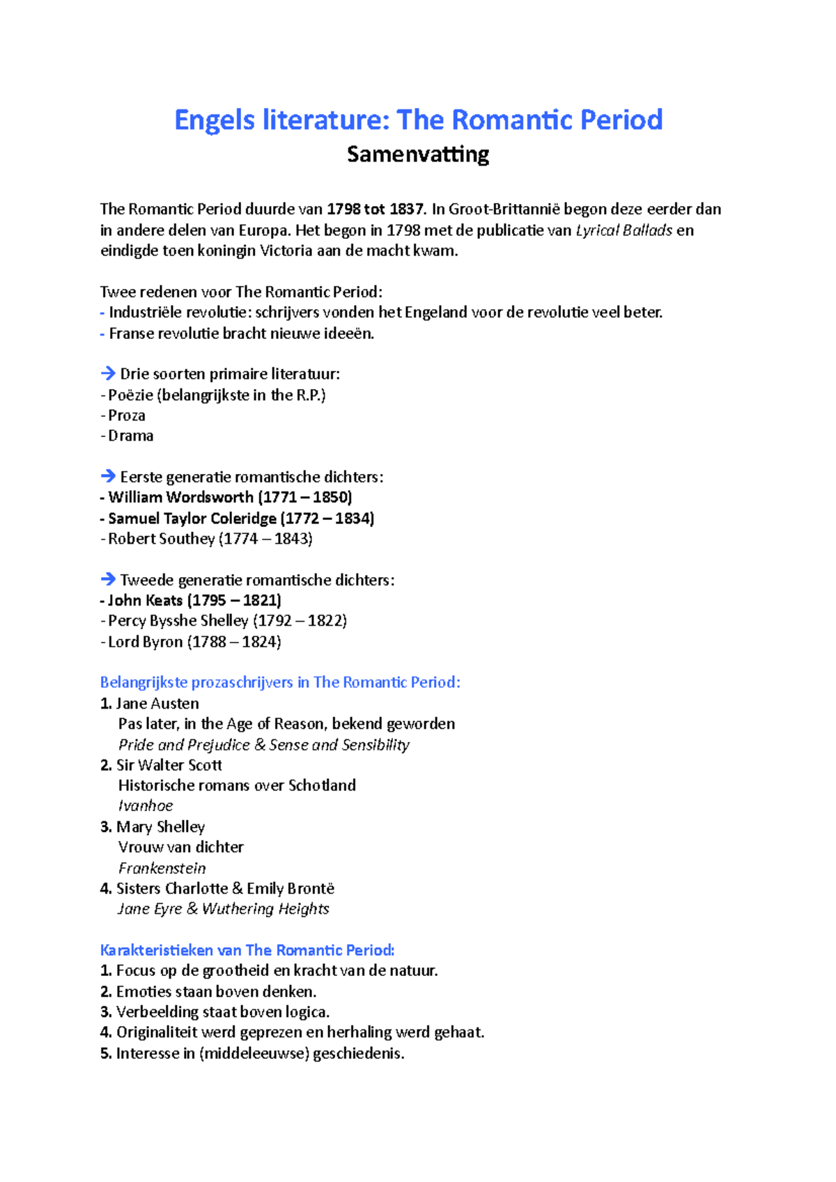 Samenvatting Engels Literatuur: De Romantische Periode (1798-1837 ...
